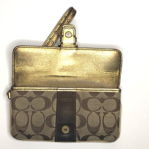 Coach | Bags | Coach Signature Print Tan Gold Metallic Wristlet | Poshmark